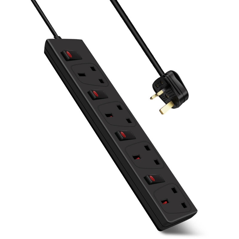 4 Way Socket 13A, 2M, Black, with Indicate Light, Individual Switch ...