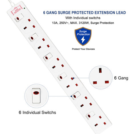6 Gang Individually Switched Surge-Protected Extension Lead 2m White, 13A