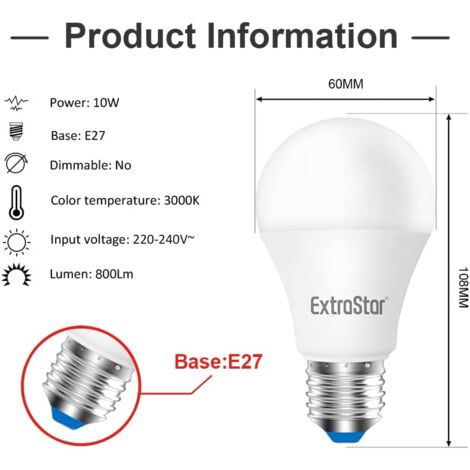 10W LED A60 Ball Bulb E27 Warm White 3000K (Pack of 3)