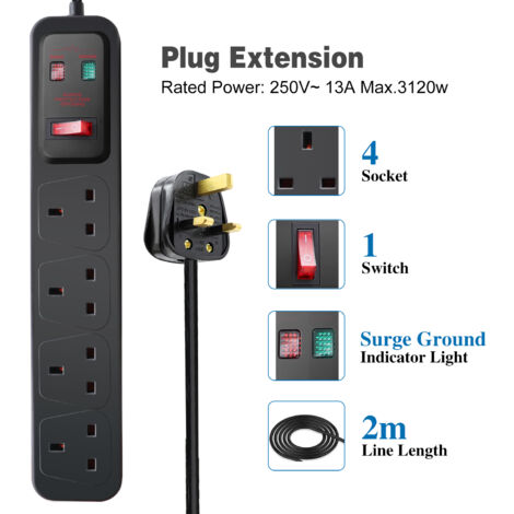 4 Way Extension Lead Surge Protecetd with Switched Socket Black, 2M