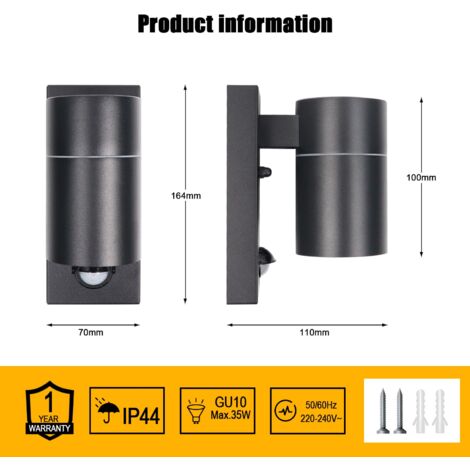 ExtraStar Outdoor Down Wall Light with Motion Sensor Black IP44 (GU10 ...