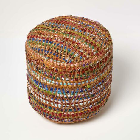 HOMESCAPES Designer Hocker Pouf rund Chindi creme
