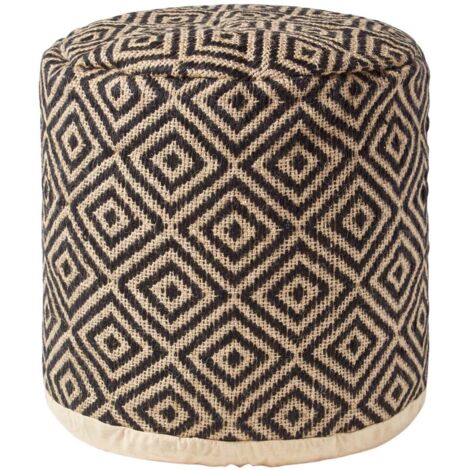 HOMESCAPES Aztec Style Jute Pouf – Runder Hocker schwarz-natur, 40x45 cm