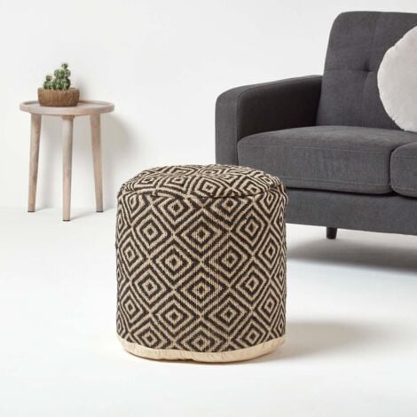 HOMESCAPES Aztec Style Jute Pouf – Runder Hocker schwarz-natur, 40x45 cm