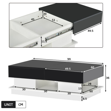 Table basse multifonctionnelle avec tiroir, escamotable, noir, 100×60×36 cm