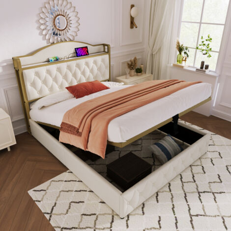 Lit double, fonction recharge, espace de rangement, beige clair (avec ...