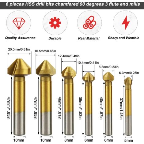 HSS coniques fraisés Foret à Chanfreiner 6 PCS 90 ° revêtements en à ...