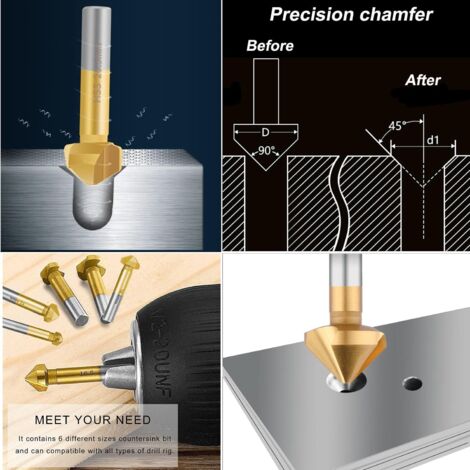 HSS coniques fraisés Foret à Chanfreiner 6 PCS 90 ° revêtements en à ...