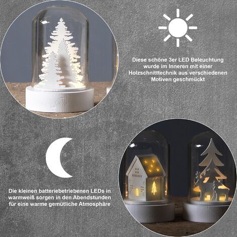 LED Deko Kupol mit Glaskuppel, batteriebetrieben, 3er Set, weiß
