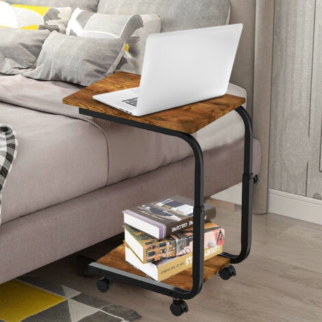 Tables，Side Table Height Adjustable End Bedside Table 4 Wheels Rustic Brown