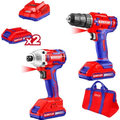 Pack perceuse visseuse à percussion + visseuse à chocs moteur brushless sans fil emtop 20v avec ...