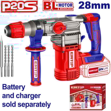 Marteau perforateur burineur sans fil emtop 20v moteur brushless avec 3 forets et 1 ciseau ...
