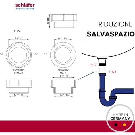 Schläfer 619811 Riduzione Sifone in Plastica da 1 1/2" a 1 1/4", Adattatore Universale per Tubo ...