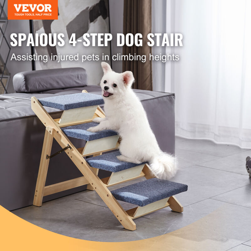 VEVOR Wood Pet Stairs Pet Steps 2 in 1 Foldable Wooden Dog Stair for Beds Sofa and Cars Dog Stairs Ramp with 4 Steps for Small Medium Large Pet up to 150 lbs