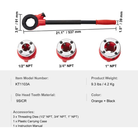 Mophorn Ratchet Pipe Threader Kit, 1/2", 3/4", 1" NPT Manual Tool ...