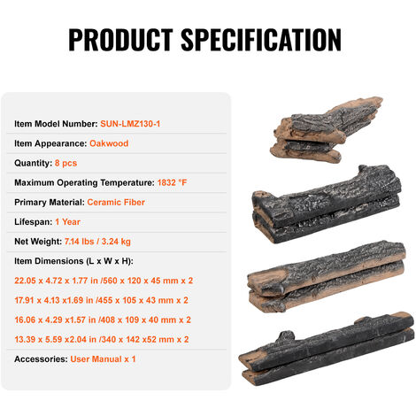 VEVOR 8 Pcs Oak Logs, Gas Fireplace Ceramic Logs for Fire place, Heat ...