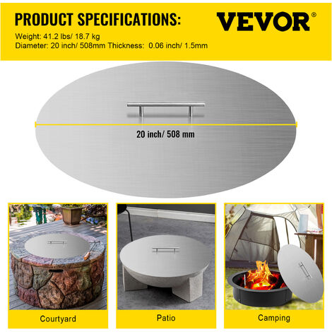 VEVOR Round Stainless Steel Fire Pit Pan Cover Silver 20 Inch Fire Pit ...