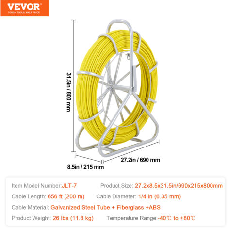 VEVOR Fish Tape Fiberglass, 656 ft, 1/4 inch, Duct Rodder Fishtape Wire ...