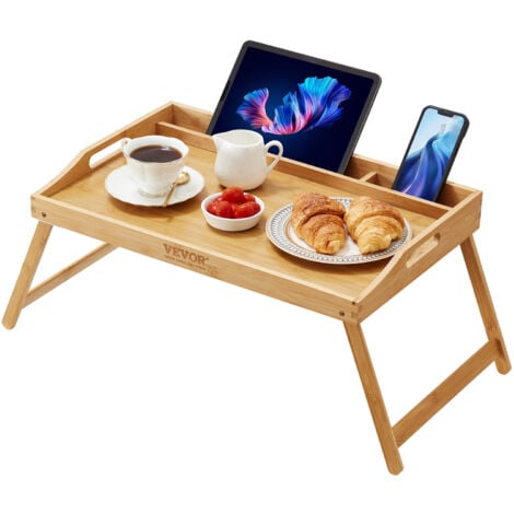 VEVOR Bed Tray Table with Foldable Legs & Media Slot, Bamboo Breakfast ...