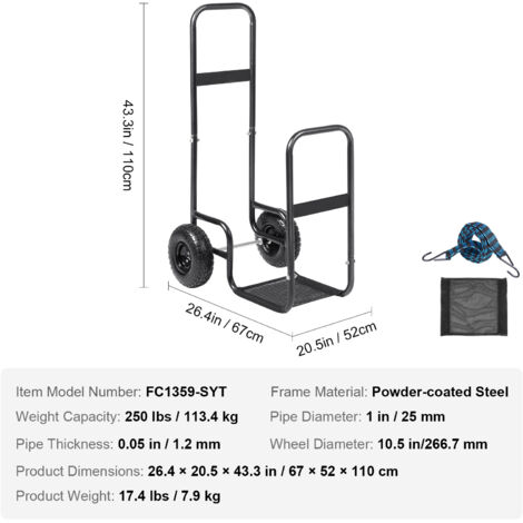 Mophorn 250lbs Steel Firewood Cart, Indoor/Outdoor, Pneumatic Wheels ...