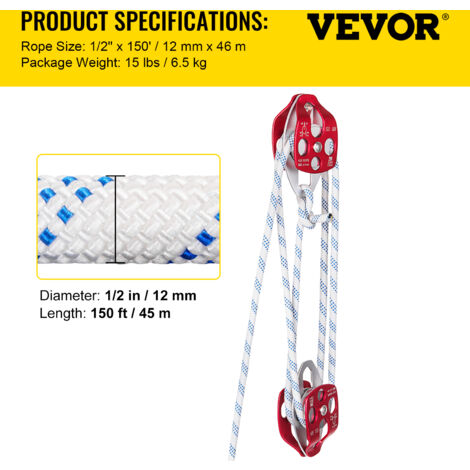 VEVOR Twin Sheave Block and Tackle 2/5-1/2Inch 100-200Ft Twin Sheave ...