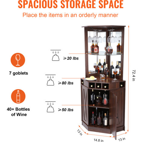 VEVOR Corner Industrial Bar Cabinet Wine Table for Liquor Glasses Sideboard Buffet Cabinet with Glass Holder Freestanding Farmhouse Wood Coffee Bar