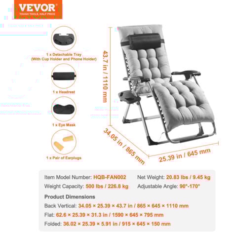 VEVOR Zero Gravity Chair 26 inch Zero Gravity Recliner Lounge Chair for Indoor and Outdoor Adjustable