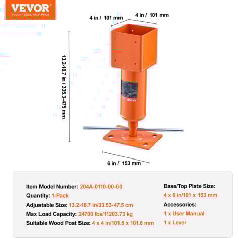 VEVOR Screw Jack Post, 4" x 4", 13.2"-18.7" Height Range, 24700 lbs Max ...