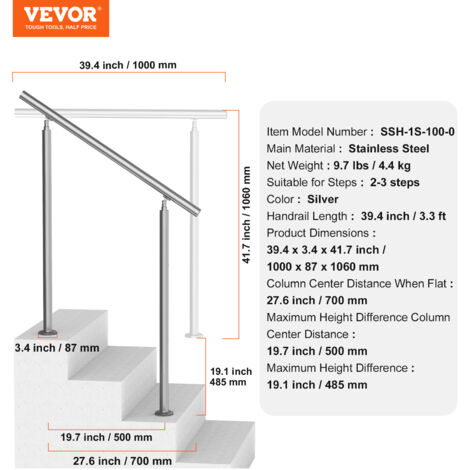 VEVOR Handrails for Outdoor Steps, 39.4in / 100cm Length Stair Hand ...