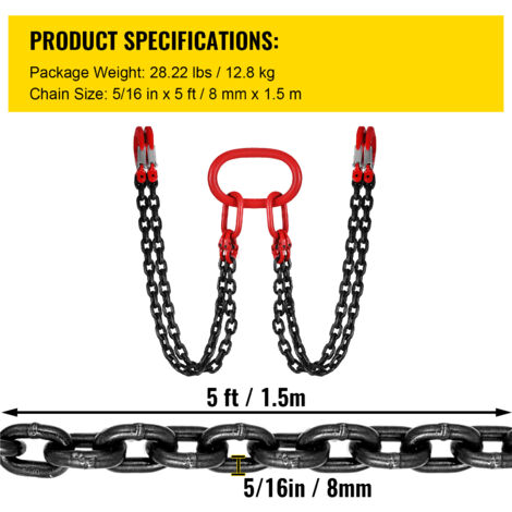Mophorn 5/16" x 5 ft Chain Sling, G80 Engine Hoist with Hooks, 11000 ...