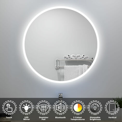 Round Bathroom Mirror with LED Lights Touch Sensor Wall Mounted IP44 ...