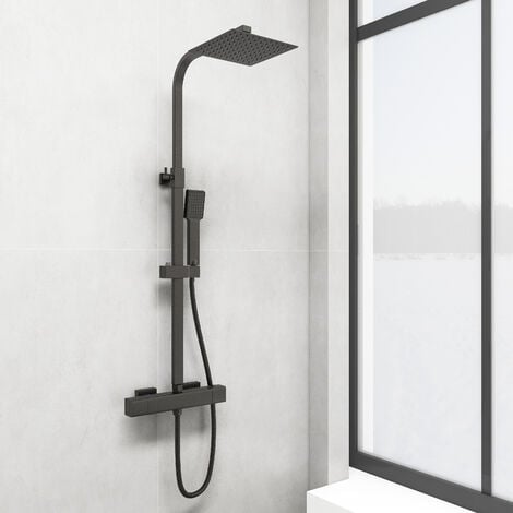 SKY Bathroom Matte Black Thermostatic Mixer Shower Set Square Dual Head ...