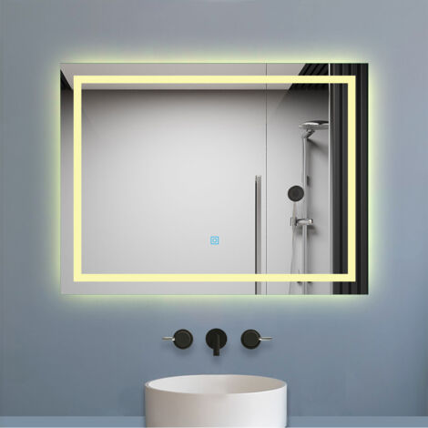 80x60cm LED Bathroom Mirror with Warm Light Demister Anti-fog Touch ...