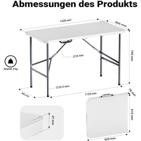Wiltec Table de camping pliante, 1220 x 600 x 750 mm, table portable blanche en PE-HD/acier ...