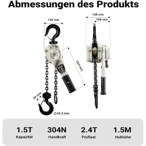 Wiltec Palan à levier – Capacité de charge 1,5 t, Hauteur de levage 1,5 ...