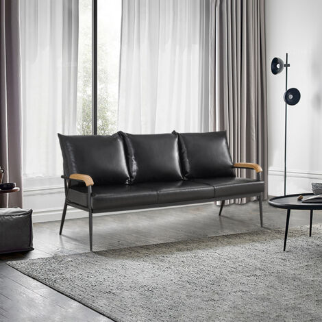3-Seater Sofa Retro Modern Lounge Sofa with PU Leather Cushion and ...