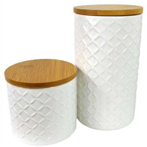 Set of Two Ceramic Jars Embossed Cream Canisters with Lids