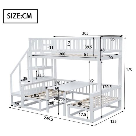 Etagenbett mit Treppe, verstellbarer Tisch, Kiefernstruktur, weiß (90x200 cm und 120x200 cm)