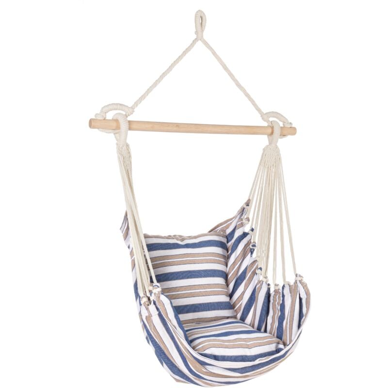 Hamac avec barre en bois et tissu en polyester et coton gris et bleu ...