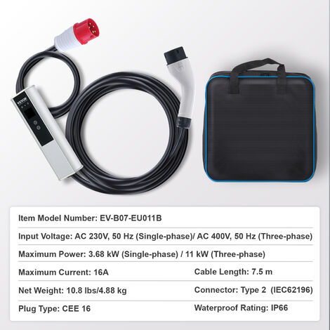 VEVOR Typ2 EV Ladekabel 16A 3,68kW(einphasig)/11kW(dreiphasig ...