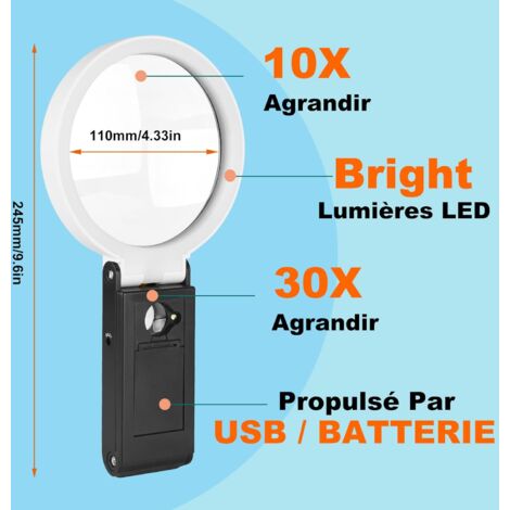 Grande loupe 4.35in 10X 30X avec lumière et Support, loupe Lumineuse LED Portable Debout, loupe ...