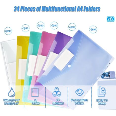 Lot de 24 Pochette Plastique A4,Pochettes Porte-Documents avec Rabat ...