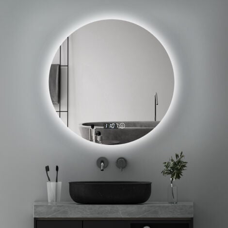 Badspiegel Rund mit Beleuchtung 60x60cm Runder LED Spiegel mit Uhr ...