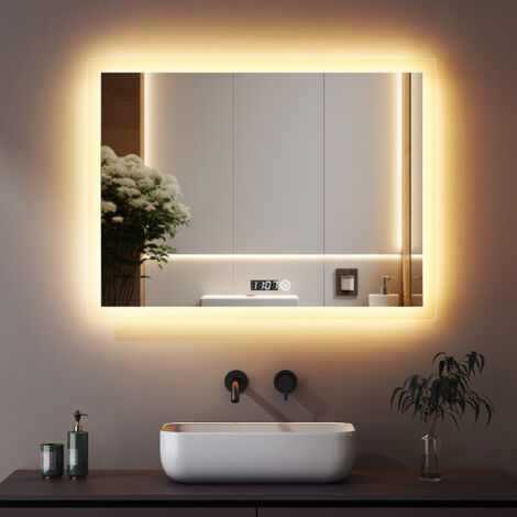 Boromal Badspiegel mit Beleuchtung 80x60cm LED Spiegel mit Uhr Spiegel ...