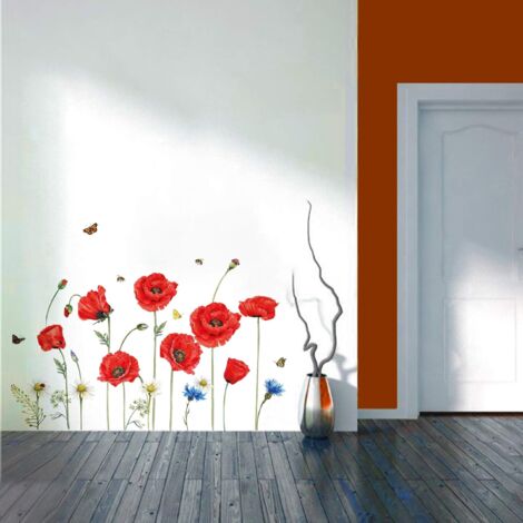 Autocollant mural fleur de pavot rouge autocollant mural fleur papillon ...