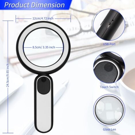 Loupe Grossissante 10X, 21 LED Loupe de Lecture Eclairante Rechargeable USB avec 3 Modes pour ...