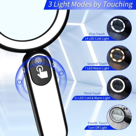 Loupe Grossissante 10X, 21 LED Loupe de Lecture Eclairante Rechargeable USB avec 3 Modes pour ...