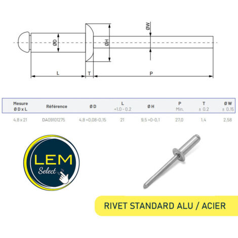 Lot de 250 - Rivet pop aveugle tête plate aluminium/acier 4.8x21 mm