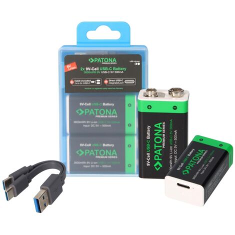 2x 9 Volt Block Premium Akkus 3,6Wh mit USB-C und Ladekabel