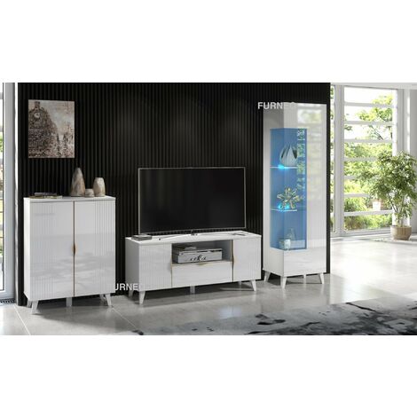 Furneo High Gloss & Matt White Living Room Set TV Stand Display Cabinet ...